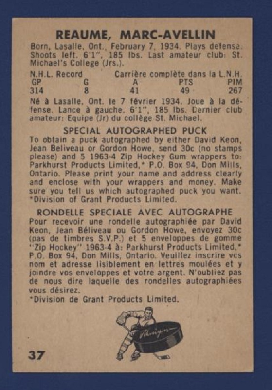 1963-64 Parkhurst MARC REAUME #37 Nrmt+ Montreal CANADIENS !! | eBay