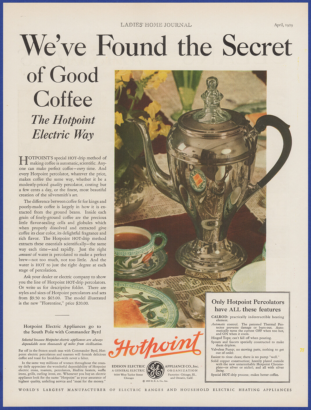 Vintage 1929 HOTPOINT Percolator Coffee Iron Edison Electric Appliance ...