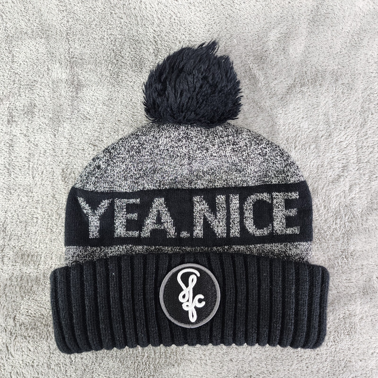 Black & Gray Yea. Nice Knit Hat Beanie Pom Ski Snowboard Adult One Size ...