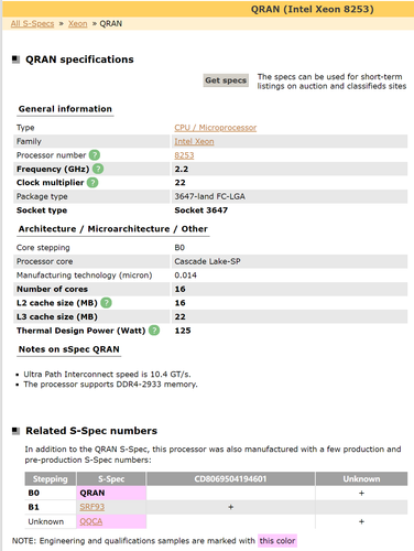 Intel Xeon Platinum 8253 QS QRAN 16C 2.2GHz 22MB 125W LGA3647 Similar ...