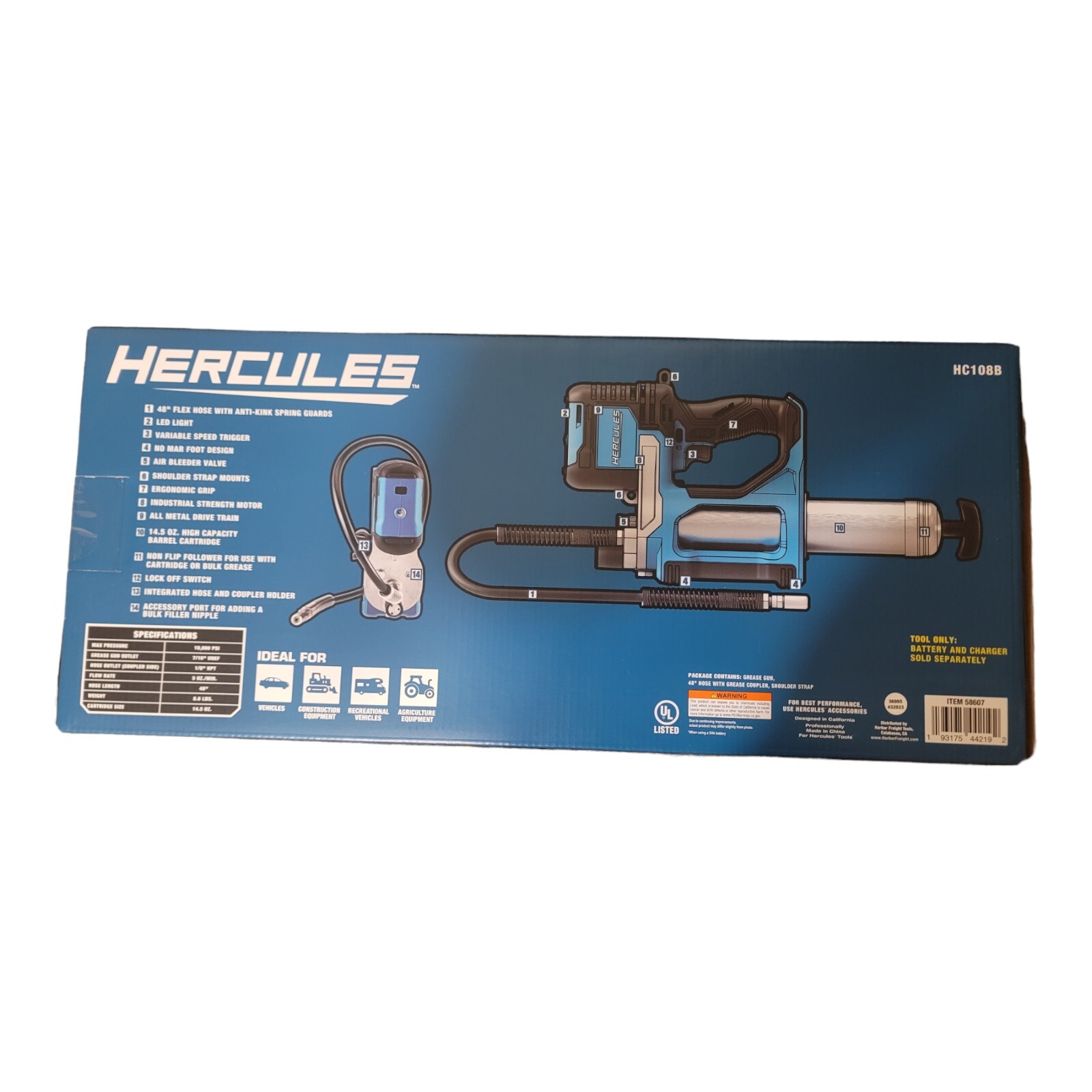 Hercules 20V Variable Speed Grease Gun 10,000 Max PSI HC108B Cordless ...