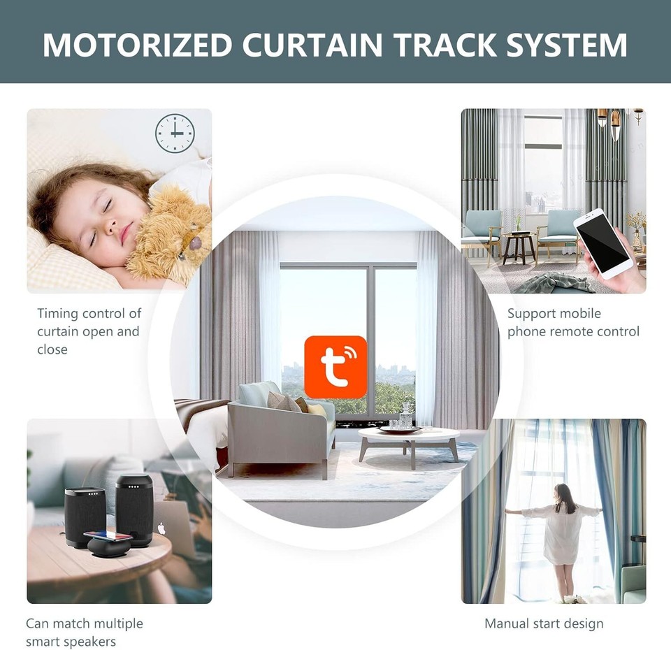 126'' Motorized Curtain Tracks WiFi App Control Smart Home Voice&Remote ...