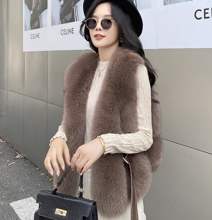 Women Real Fox Fur Vests Luxury Fluffy Gilet Leather Belt Waistcoat ...