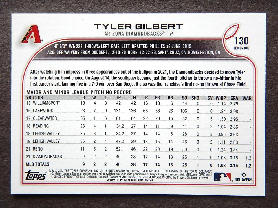 Tyler Gilbert #130 Topps 2022 Baseball Card (Arizona Diamondbacks) NM ...
