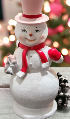 Peppermint Square Pink Snowman Candy Cane Christmas Figurine Statue ...