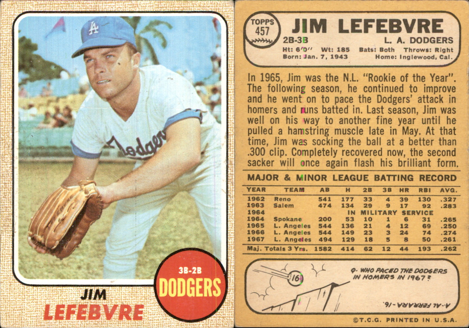 Jim Lefebvre 1968 Topps #457 Card Los Angeles Dodgers FREE SHIP ...