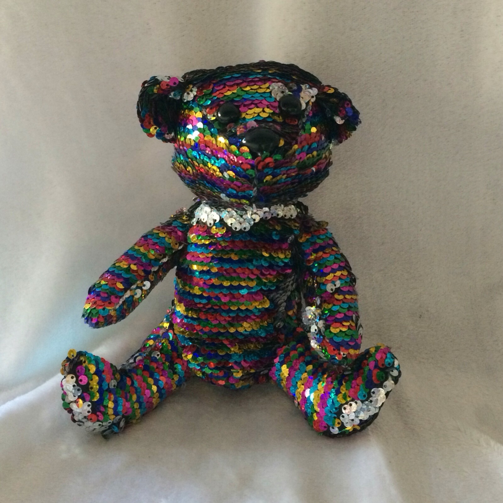 GOFFA Plush Toy BEAR with Rainbow & Silver Flip Sequins Sits 8" Tall | eBay