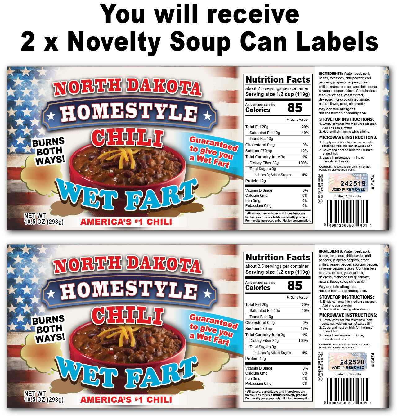 2x Funny Wet Fart North Dakota Chili Soup Can Labels Joke Gift Birthday ...