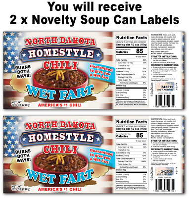 2x Funny Wet Fart North Dakota Chili Soup Can Labels Joke Gift Birthday ...