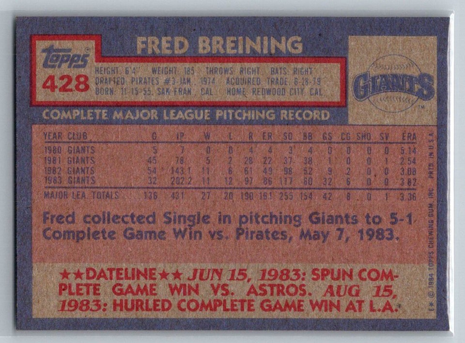 1984 Topps #428 Fred Breining San Francisco Giants Baseball Card | eBay
