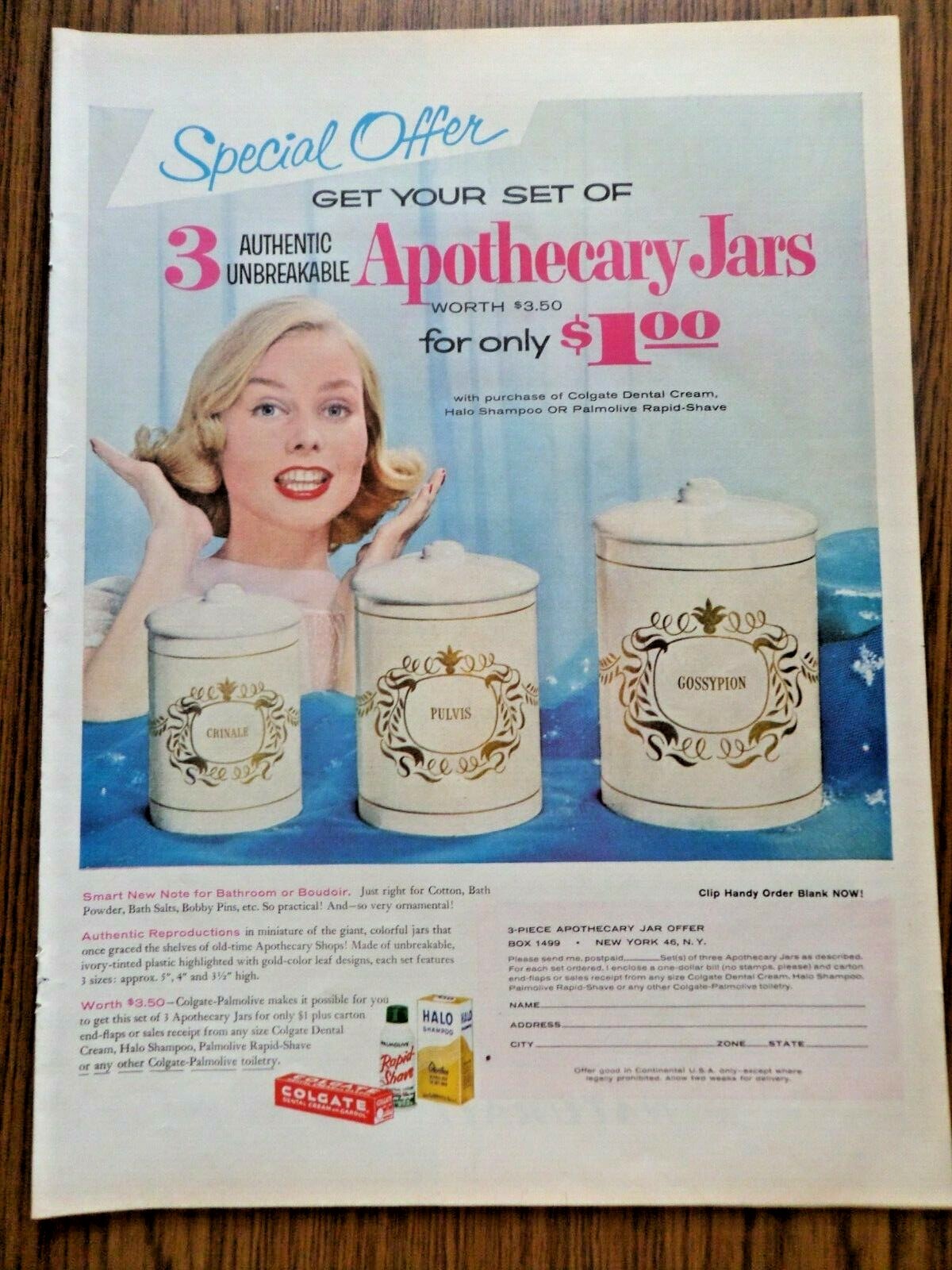 1957 Colgate Toothpaste Halo Shampoo Ad Apothecary Jars Offer $1.00 | eBay
