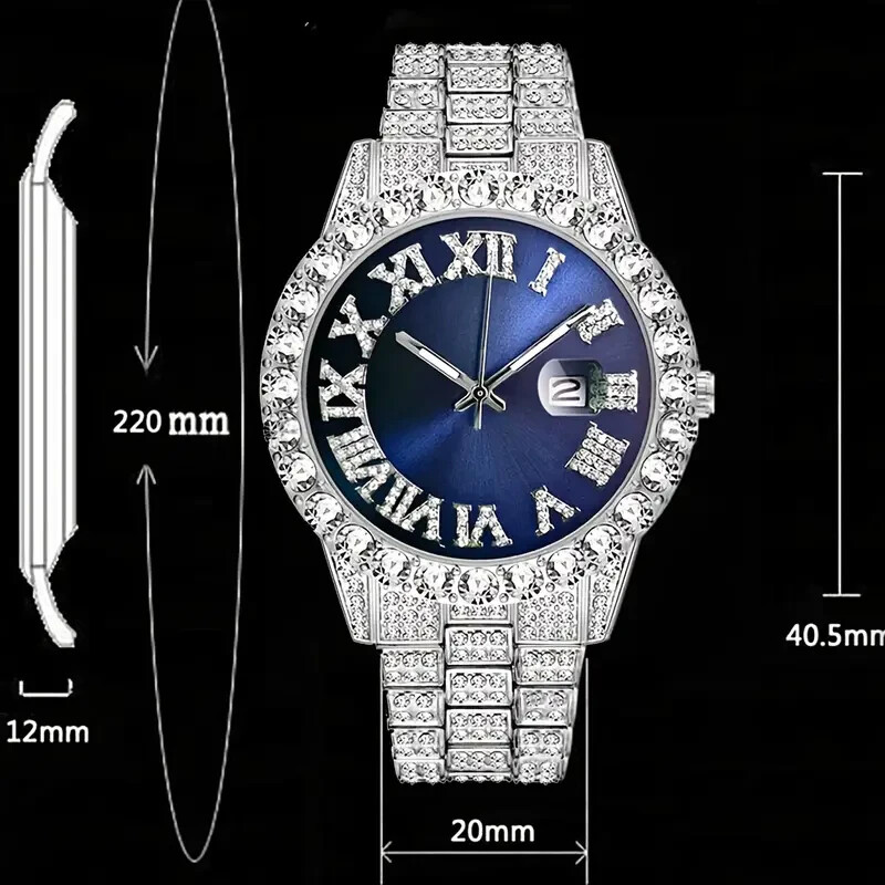 Hip Hop Iced Bling Silver Finish Rapper Blue Dial Metal Simulated ...