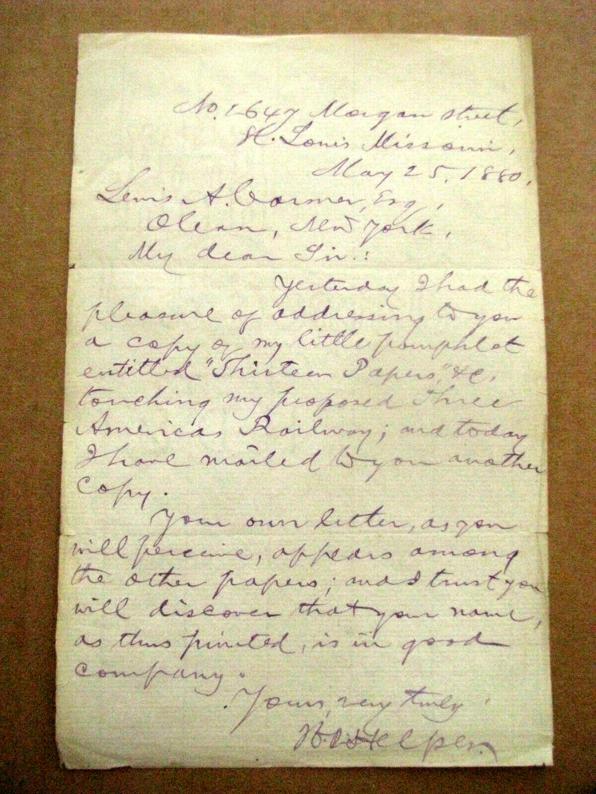 HINTON R HELPER LETTER AUTHOR OF THE IMPENDING CRISIS PREDICTING A ...