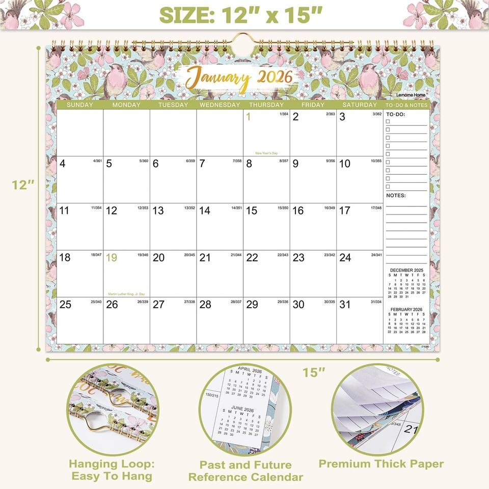 2026 Calendar - 2026 Wall Calendar, Jan 2026 - Dec 2026, 12" x 15 ...