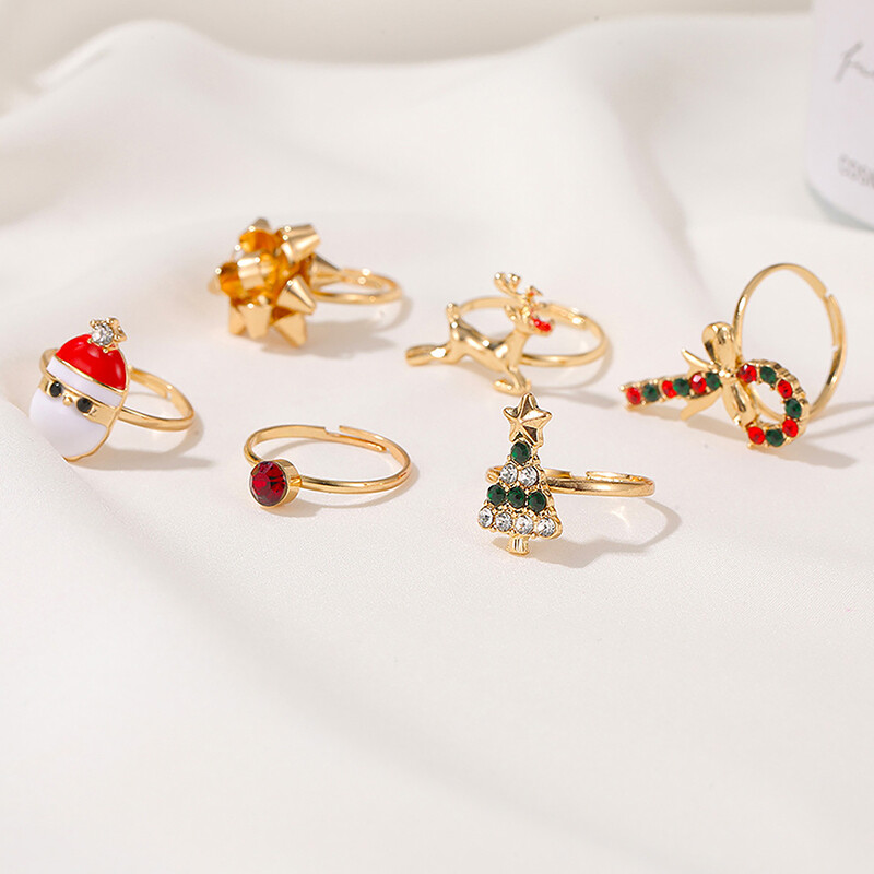6PCS Cute Cartoon Elk Christmas Tree Rings Santa Claus Inlaid Zircon ...