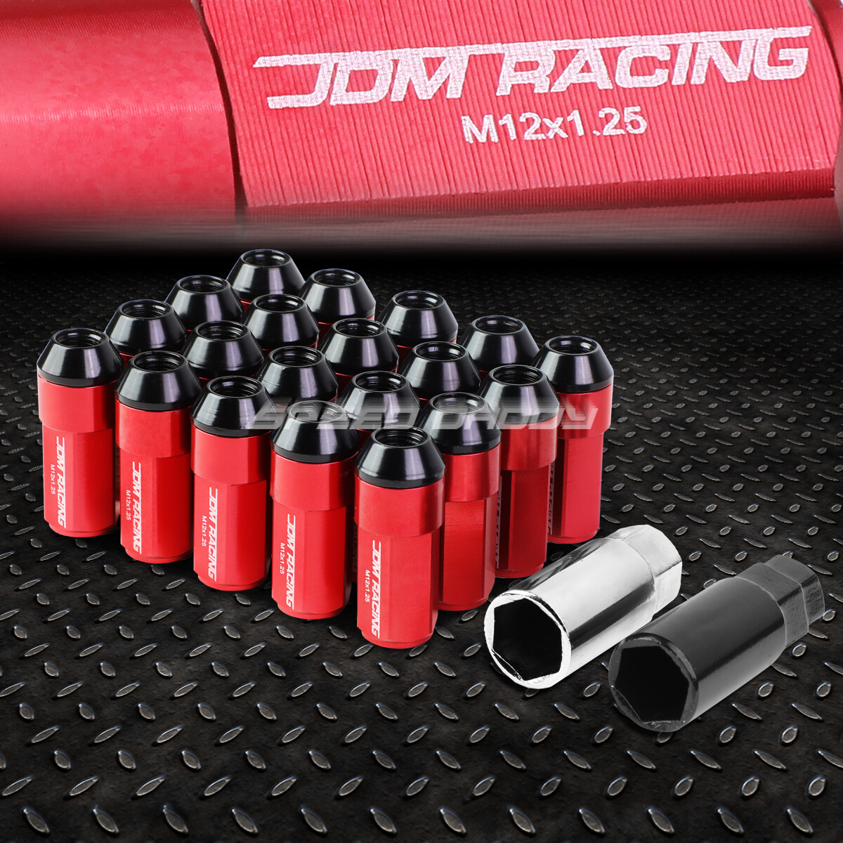 20PCS/SET JDM ALUMINUM RED LUG NUTS W/CAP+ADAPTER M12X1.25 23MM OD/53MM ...