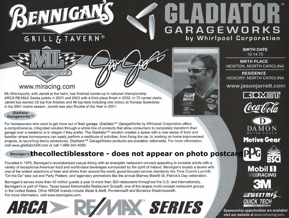 JASON JARRETT AUTOGRAPHED BENNIGAN'S RACING NASCAR HERO CARD PHOTO ...