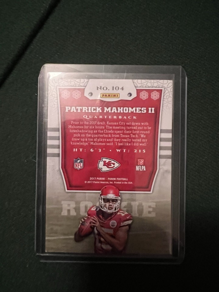 2017 Panini Patrick Mahomes II Rookie Card RC #104 Kansas City Chiefs ...