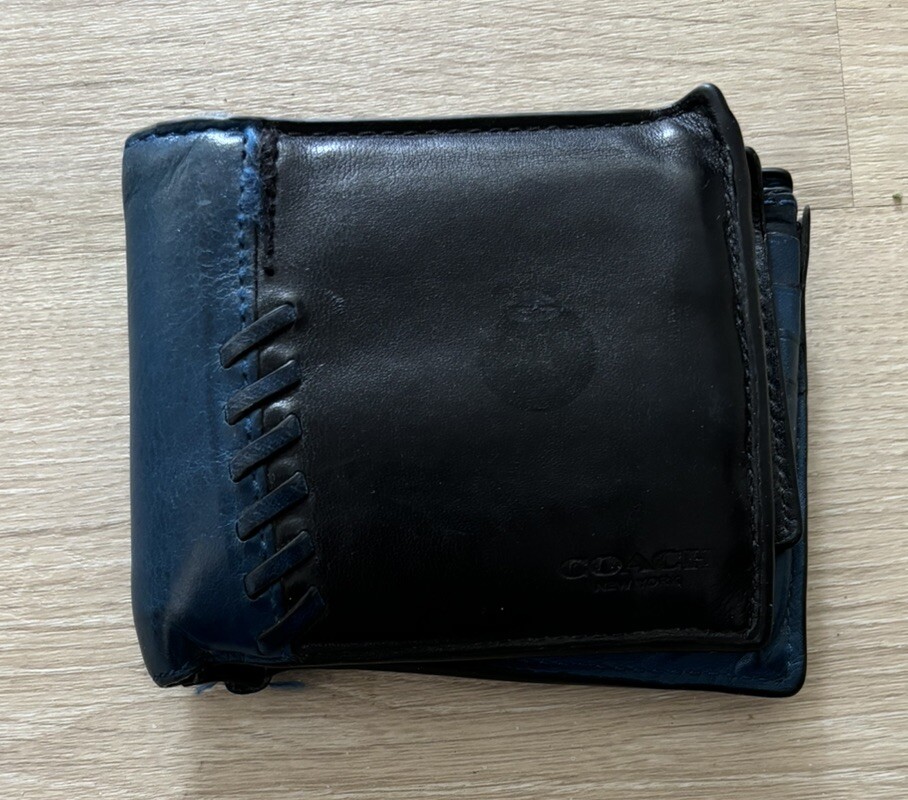 COACH Mens Wallet Bi Fold Baseball Stitch Black Blue … - Gem