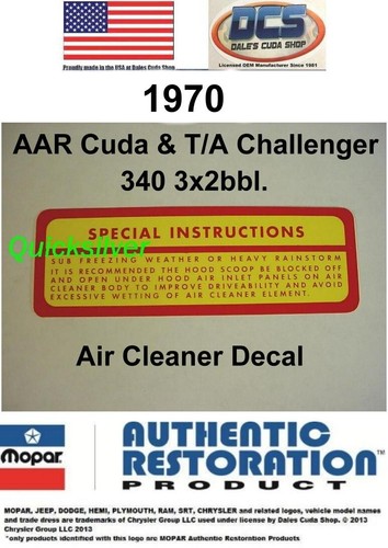 1970 AAR Cuda Challenger TA 340 3x2bbl Special Instruction Air Cleaner ...