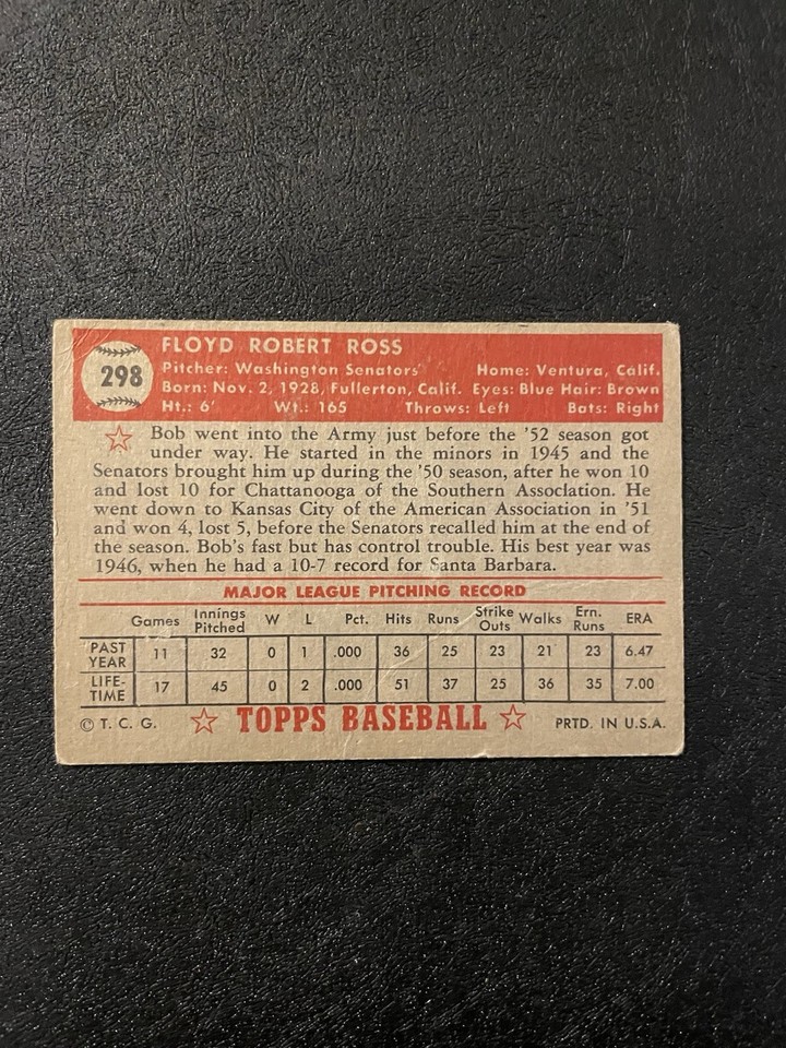 1952 Topps Baseball ⚾️ Set-Break #298 Floyd Ross LOW GRADE !⚾️ | eBay