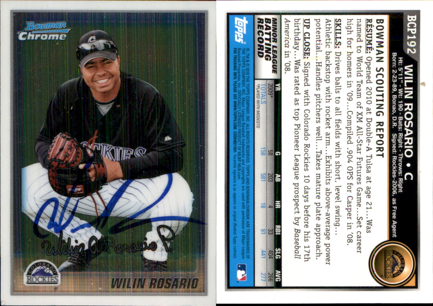 Wilin Rosario Signed 2010 Bowman Chrome #BCP192 Card Colorado Rockies ...