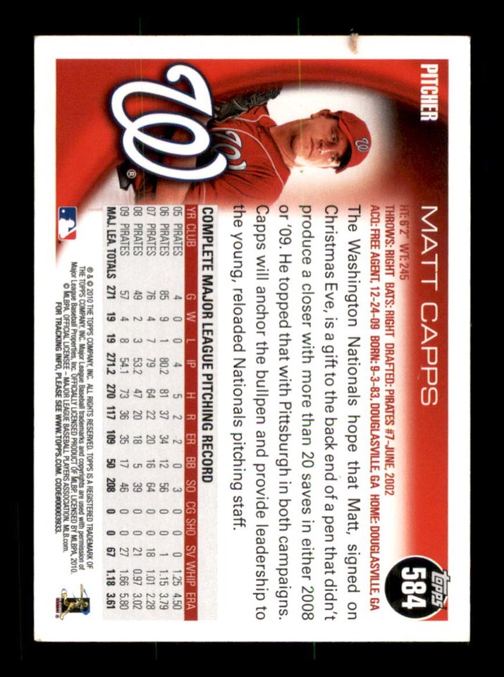 2010 Baseball Topps Matt Capps Washington Nationals #584 1 | eBay