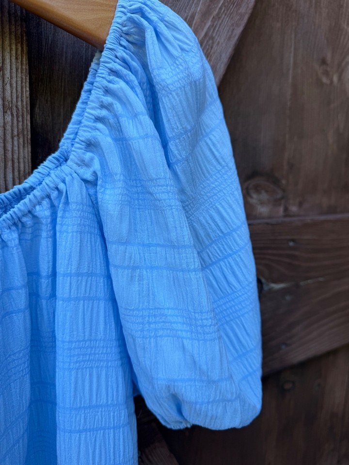 Blueming Ladies Powder Blue Mini Dress M Short Puff Sleeves Textured ...