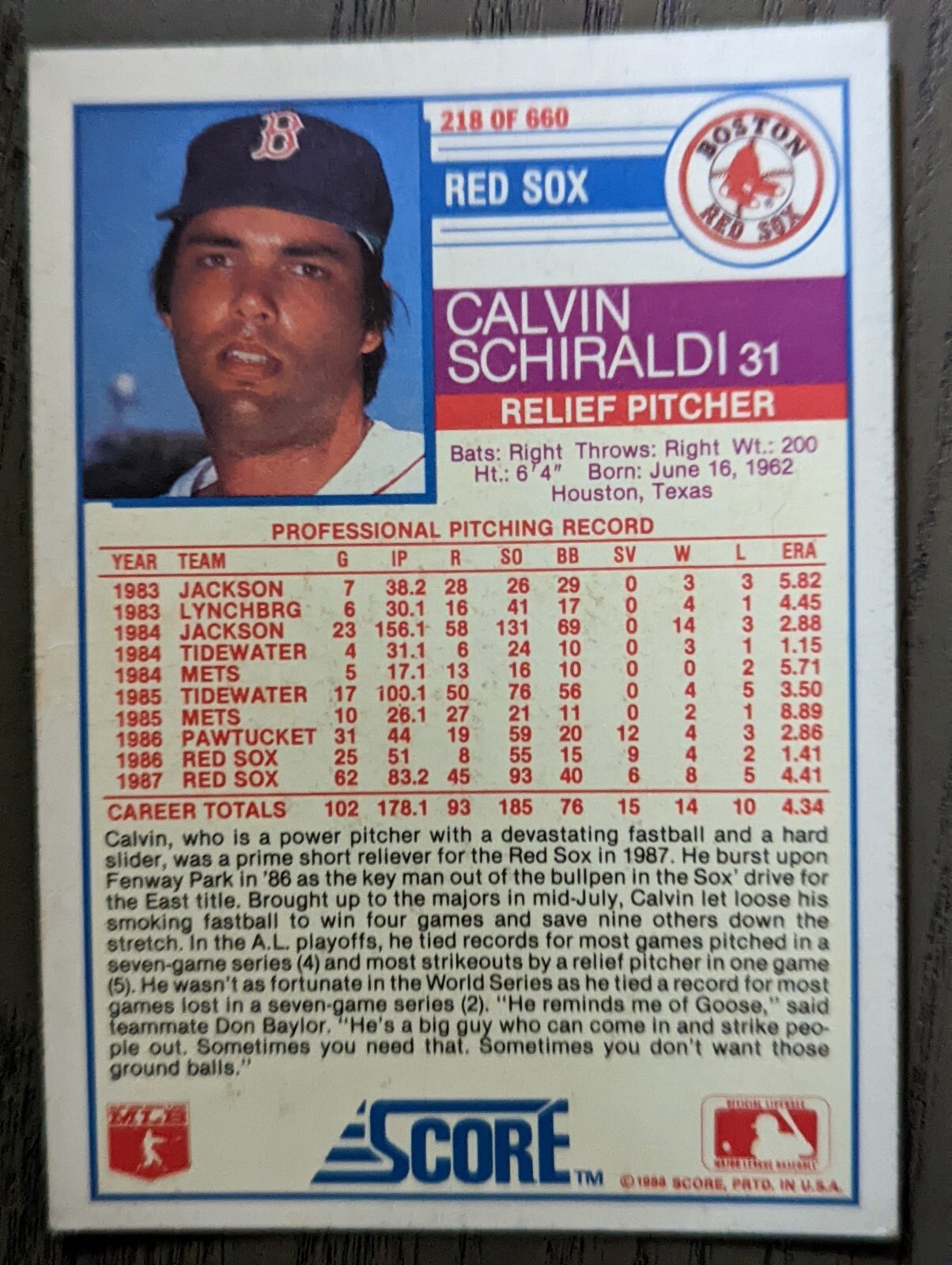 1988+Score+-+%23218+Calvin+Schiraldi for sale online | eBay