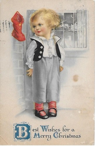 Clapsaddle Uns Christmas Postcard Small Boy w/ Stocking Santa in Window ...