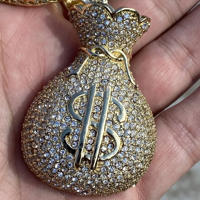 14K Gold Plated Money Bag Dollar Sign Franco CZ Bling Out Big Chain ...