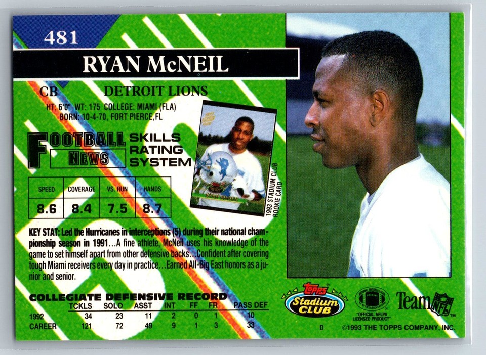 1993 Topps Stadium Club Ryan McNeil Rookie Detroit Lions RC #481 | eBay