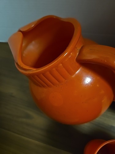 Fire King Red-Orange (2) Tilt Ball Pitcher Anchor Hocking Rainbow ...