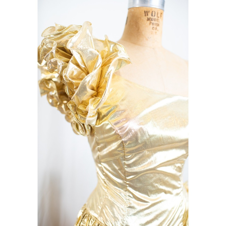 Vintage 80s Gold Lamé Prom Dress Mike Benet Ballgown One Shoulder Glam ...