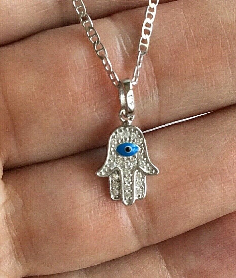 925 SILVER HAMSA EVIL EYE MARINER LINK NECKLACE 16" /CADENA PLATA MANO ...