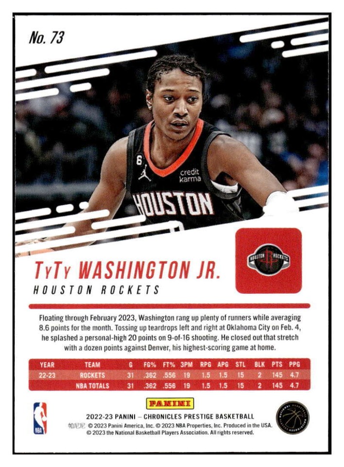 TYTY WASHINGTON JR. RC 2022-23 Panini Chronicles #73 ROOKIE Rockets Pre ...
