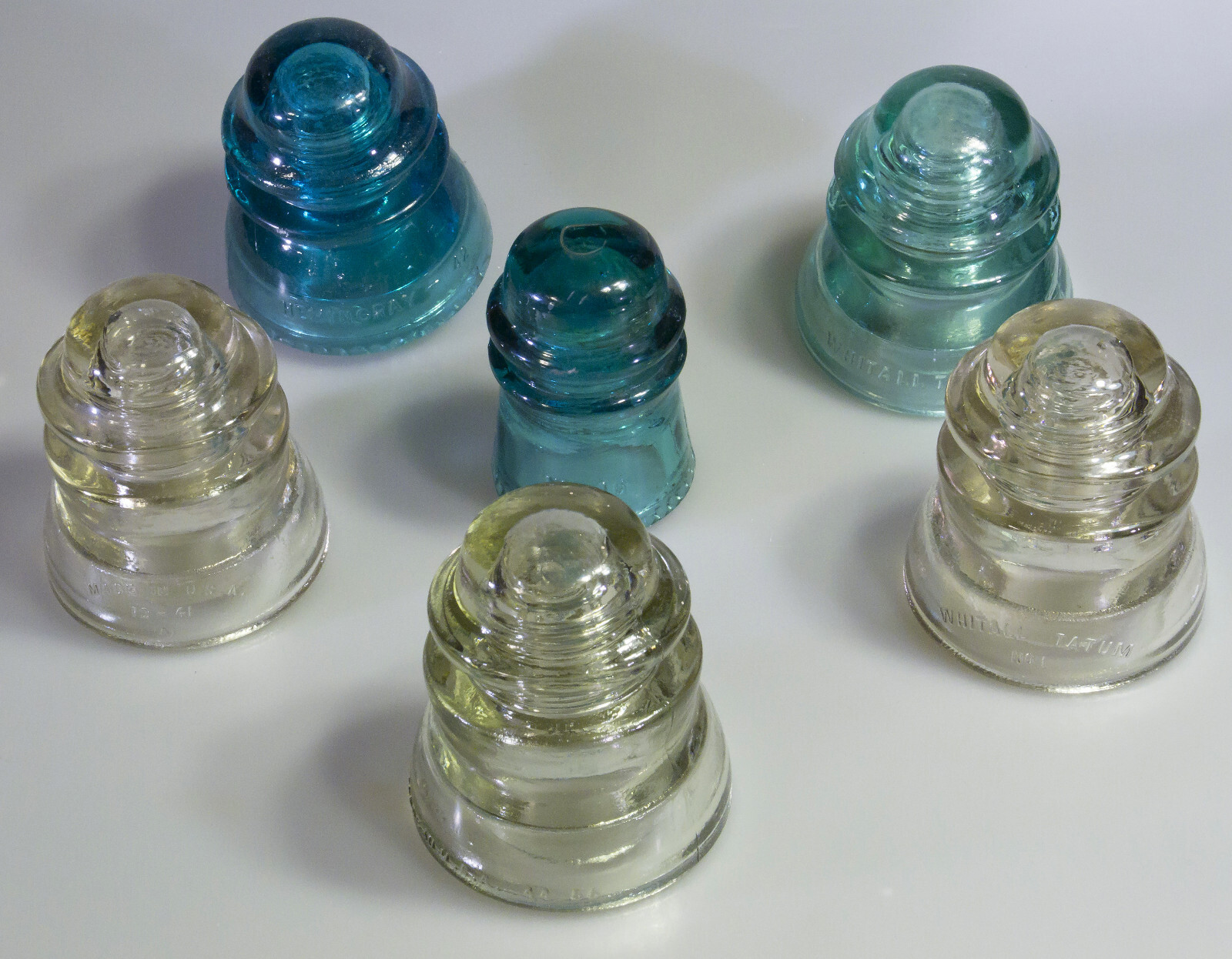Antigue Vintage Glass Insulator Lot 6 Green Blue Clear Whitall Tatum ...