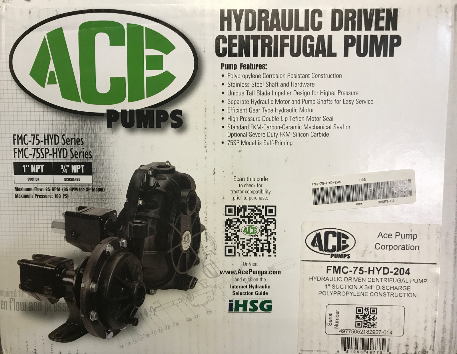 Ace Pumps Hydraulic Poly Pump 1" Suction x 3/4" Discharge FMC-75-HYD ...