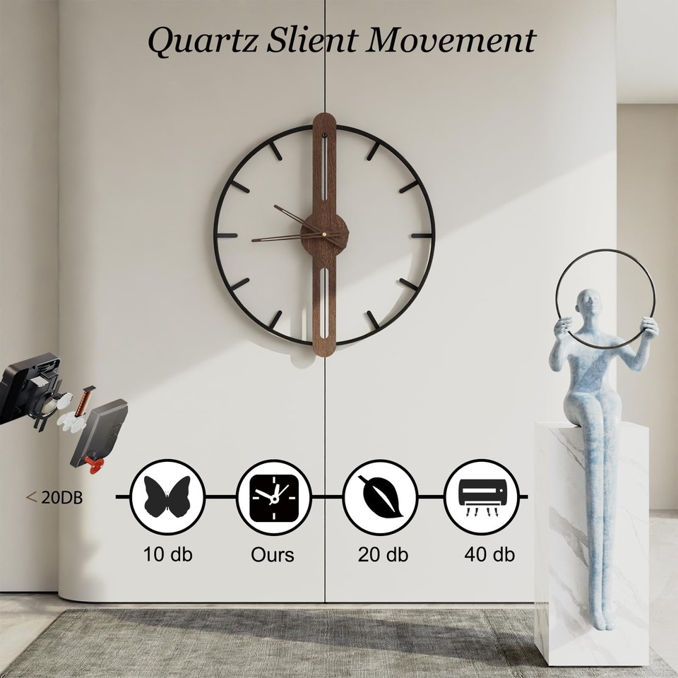 Modern Walnut Dial Wall Clock, Wood Large Wall Clock Decor Metal Frame ...