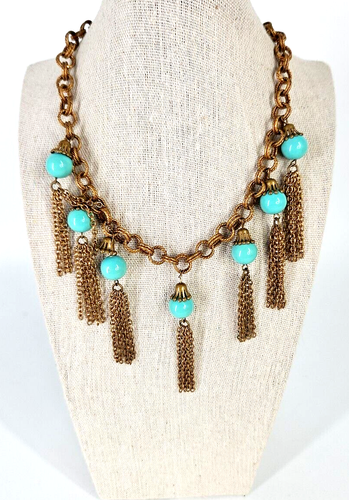 Hippie Retro Blue Beads Tassels Bronze Chain Fashion Necklace 15 inch ...