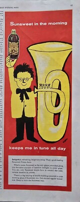 1955 Sunsweet prune juice in tune all day tuba player color Vintage ad ...