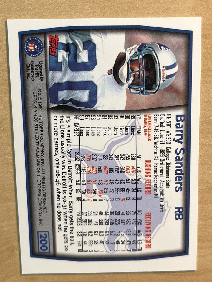 Barry Sanders 1999 Topps Football Card #200, NM-MT | eBay