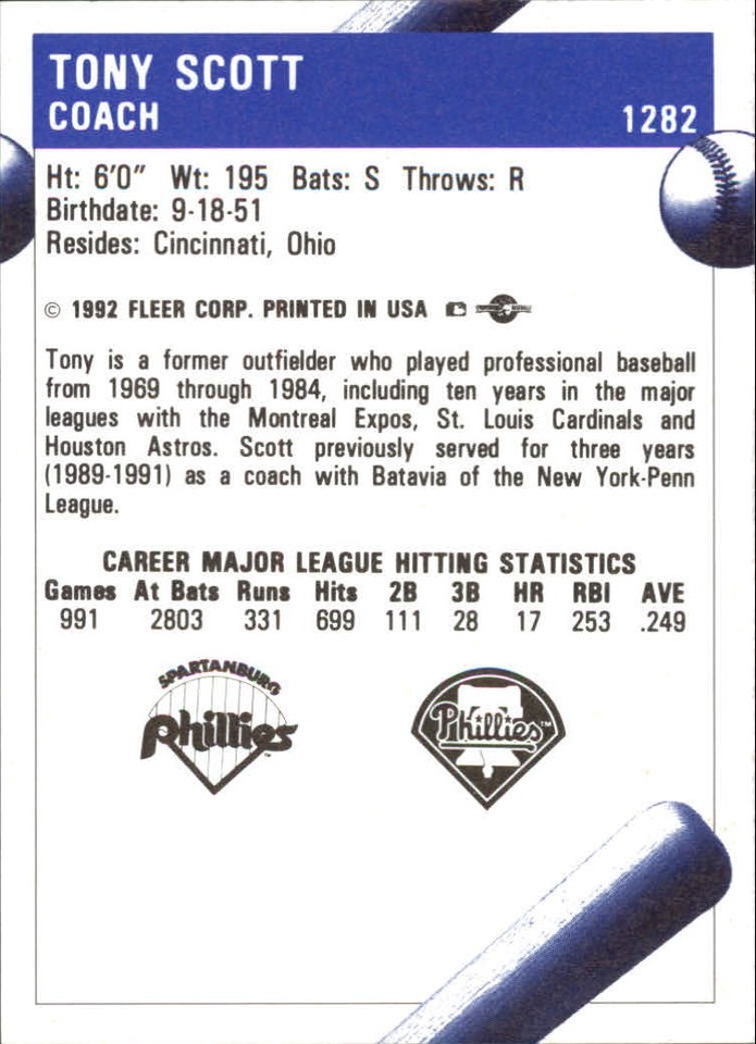 1992 Spartanburg Phillies Fleer/ProCards #1282 Tony Scott CO | eBay