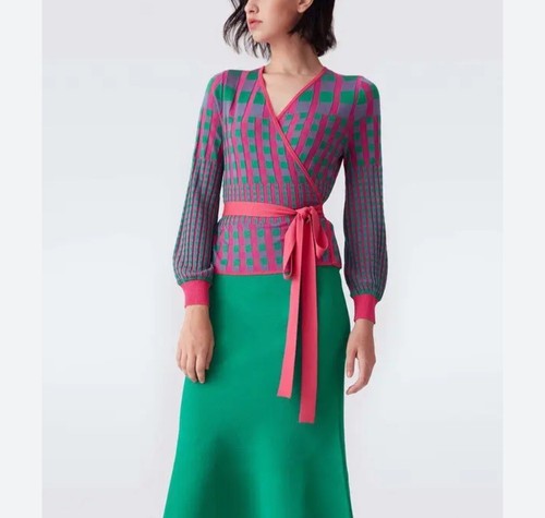 Diane Von Furstenberg Emily ribbed wrap top, pink/green, Size M | eBay