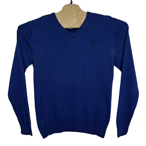 Fred Perry Sweater Mens Jumper Medium Blue V Neck Pullover Merino Wool ...
