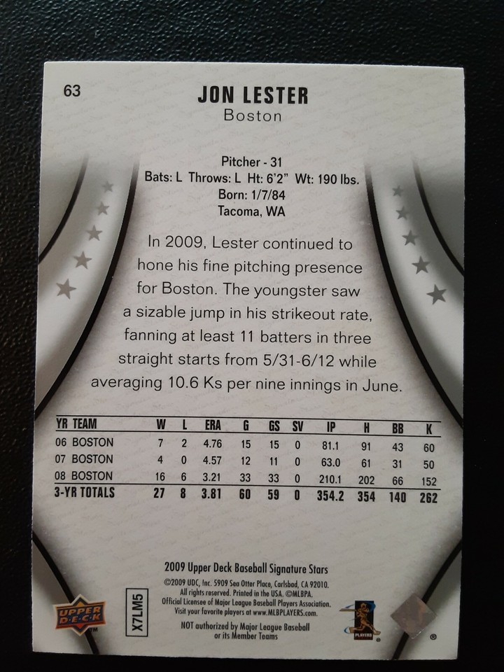 2009 Upper Deck Signature Stars JON LESTER #63 Boston Red Sox | eBay