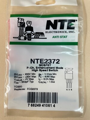 NTE Electronics NTE2372 POWER MOSFET P-CHANNEL 200V ID=3.5A TO-220 CASE ...