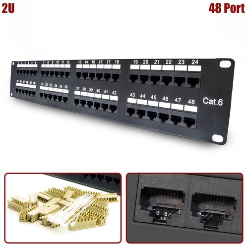 48 Port Cat6 Patch Panel 110 RJ45 Network LAN 2U 19" Rack Mount Server ...