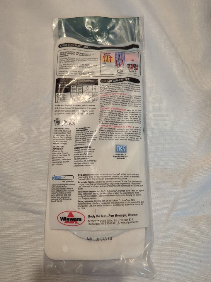 Wigwam L111504 Unisex White Coolmax Liner Socks Size Large | eBay