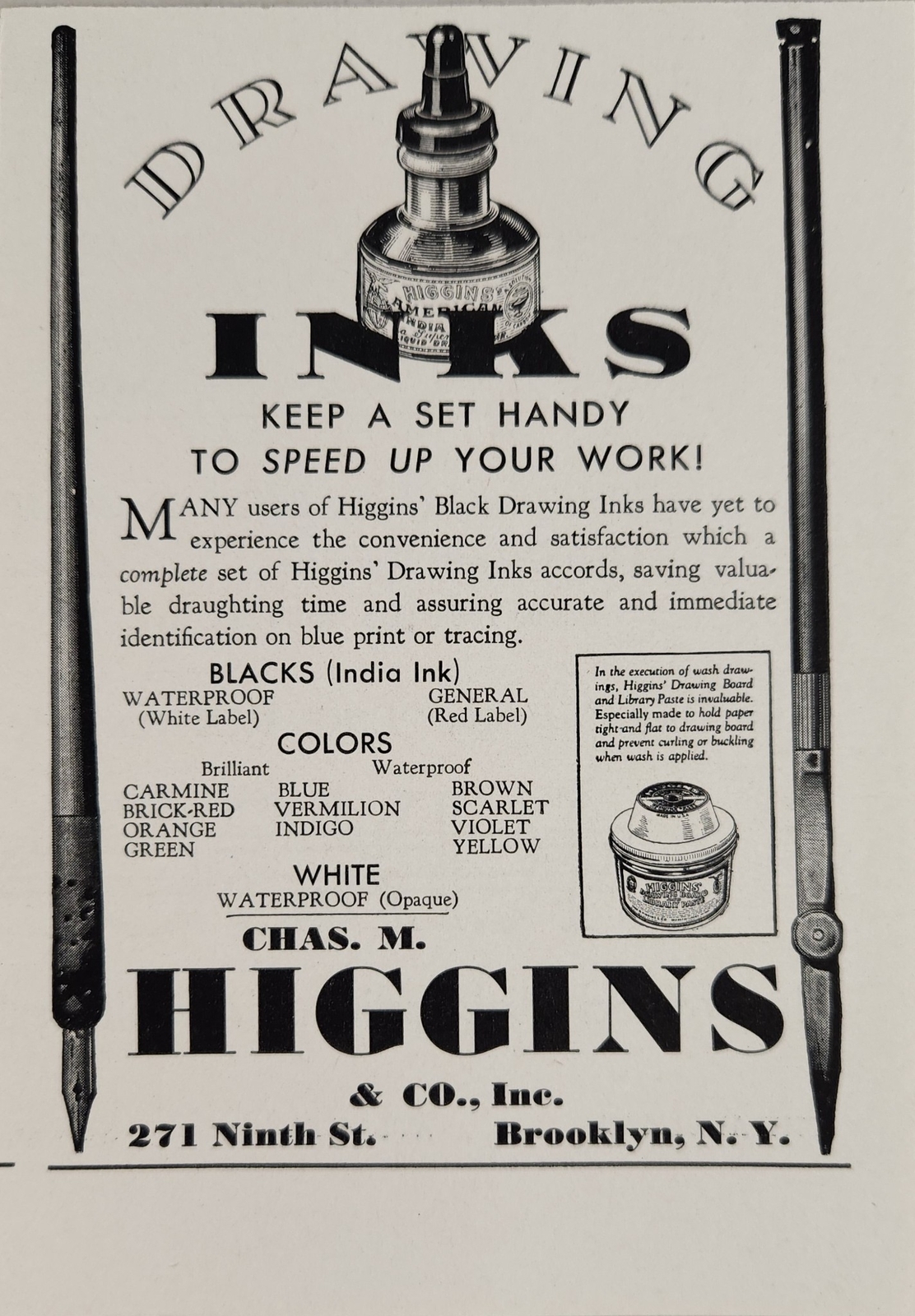 1931 Print Ad Higgins Black Drawing Inks for Drafting Brooklyn,New York ...